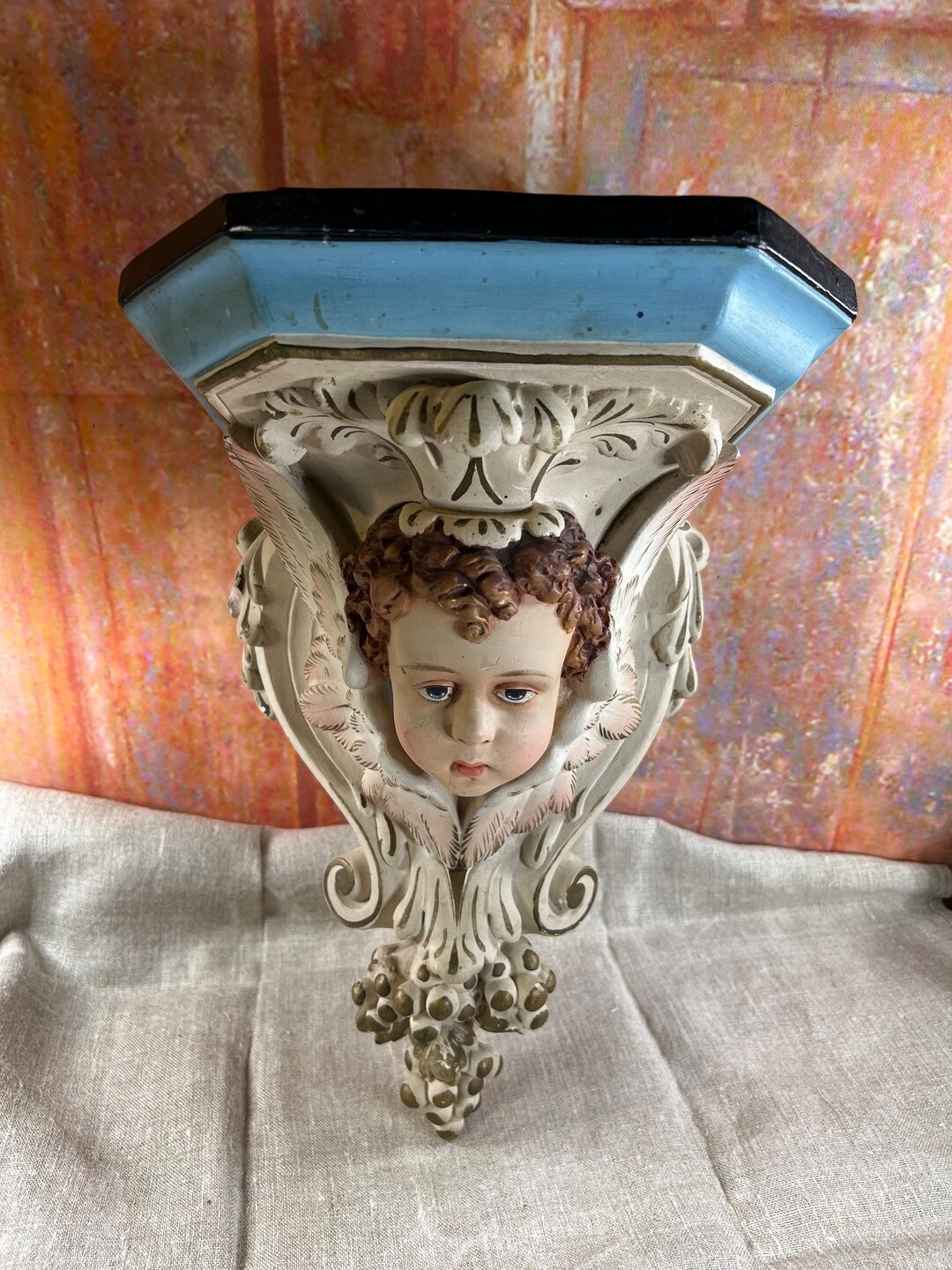 Antique French Church Cherub Shelf, Hand-painted Polychrome Winged ...