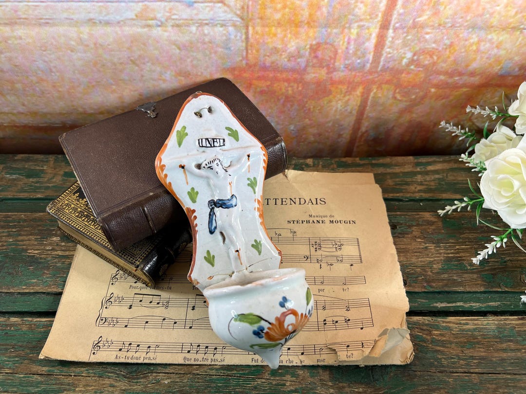 19th Century Faience Holy Water Font With Christ on the Cross and "inri ...