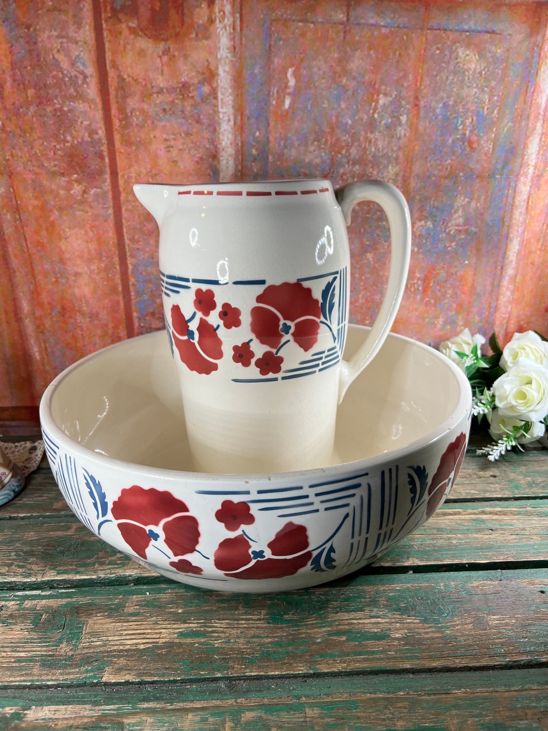 Antique French Pitcher and Wash Basin Moulin Des Loups Orchies Art Deco ...