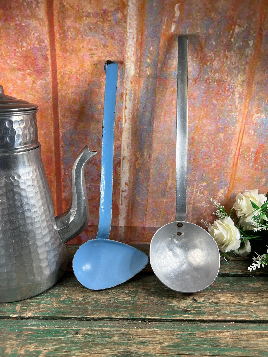 Charming Vintage Kitchen Tools: Ladle and Enamel Spoon Set - Etsy