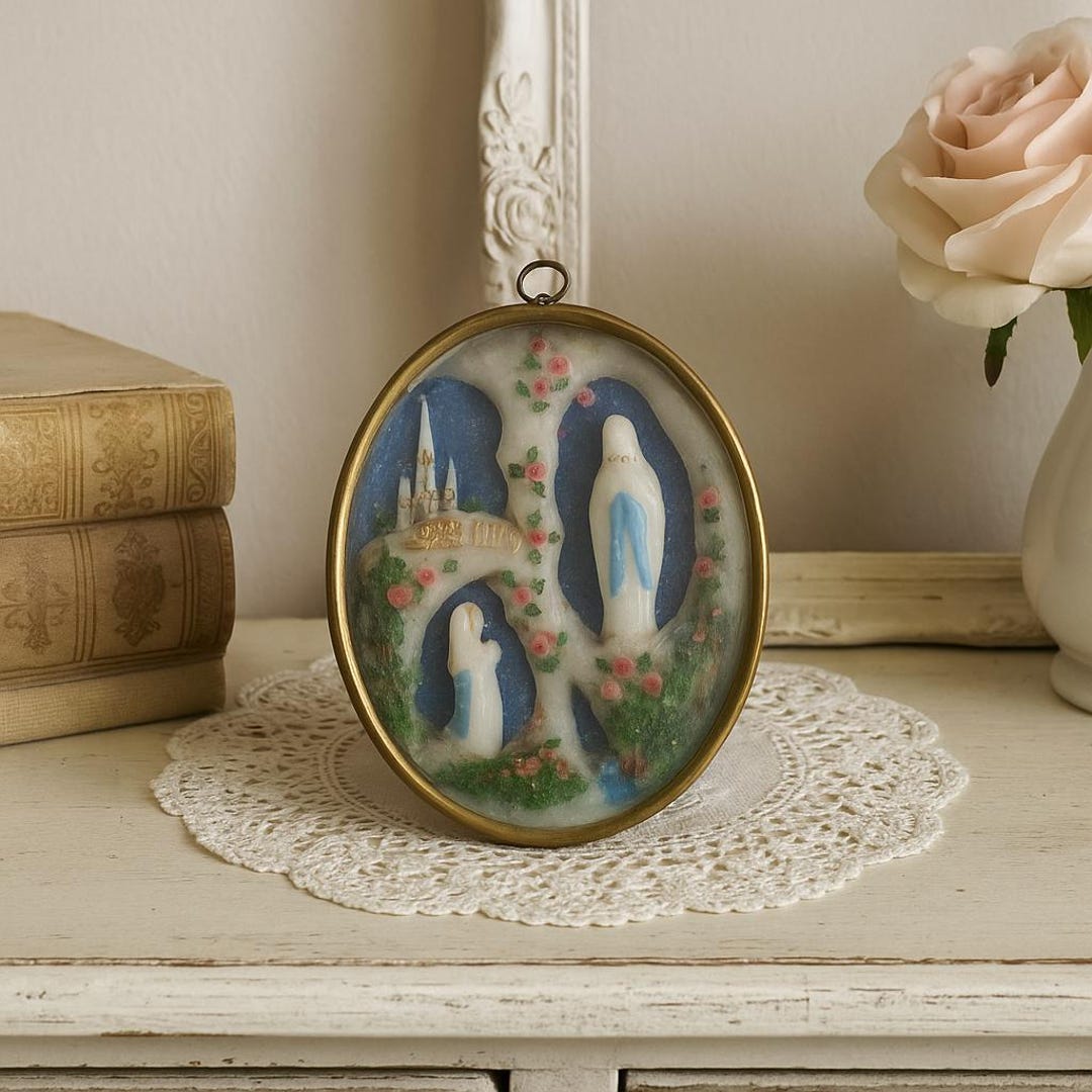 Antique French Lourdes Plaque – Wax Virgin Mary & Bernadette Shrine Art ...
