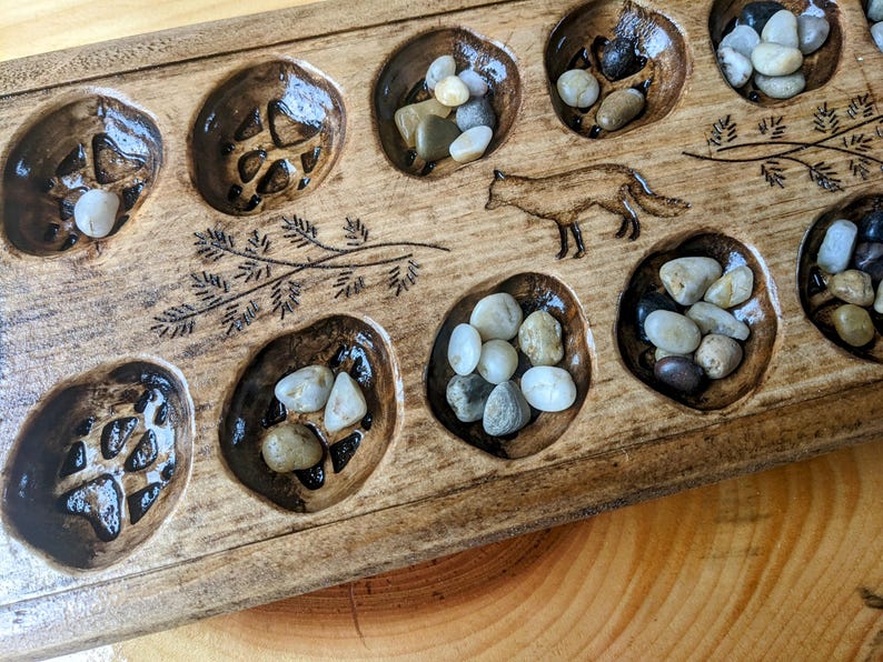 Wood & Stone Bear Print Mancala Board // Forest Mancala Game Board - Etsy