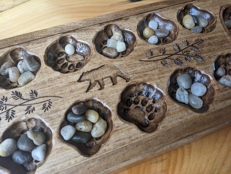Wood & Stone Bear Print Mancala Board // Forest Mancala Game Board - Etsy