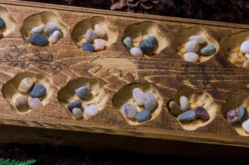 Wood & Stone Bear Print Mancala Board // Forest Mancala Game Board - Etsy