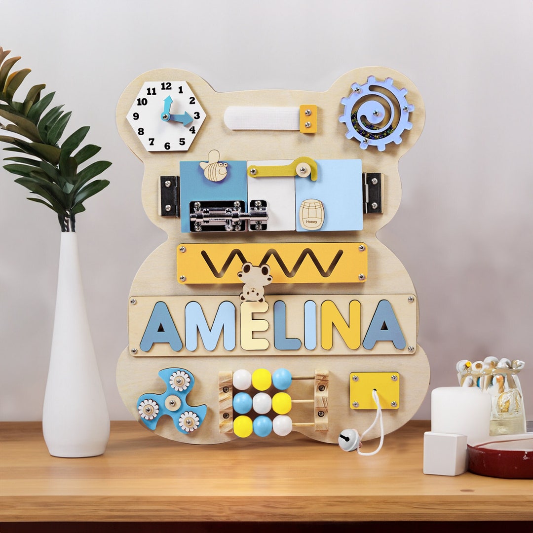 Personalize Bear Busy Board, Kid Wooden Name Puzzle, Personalized Baby ...