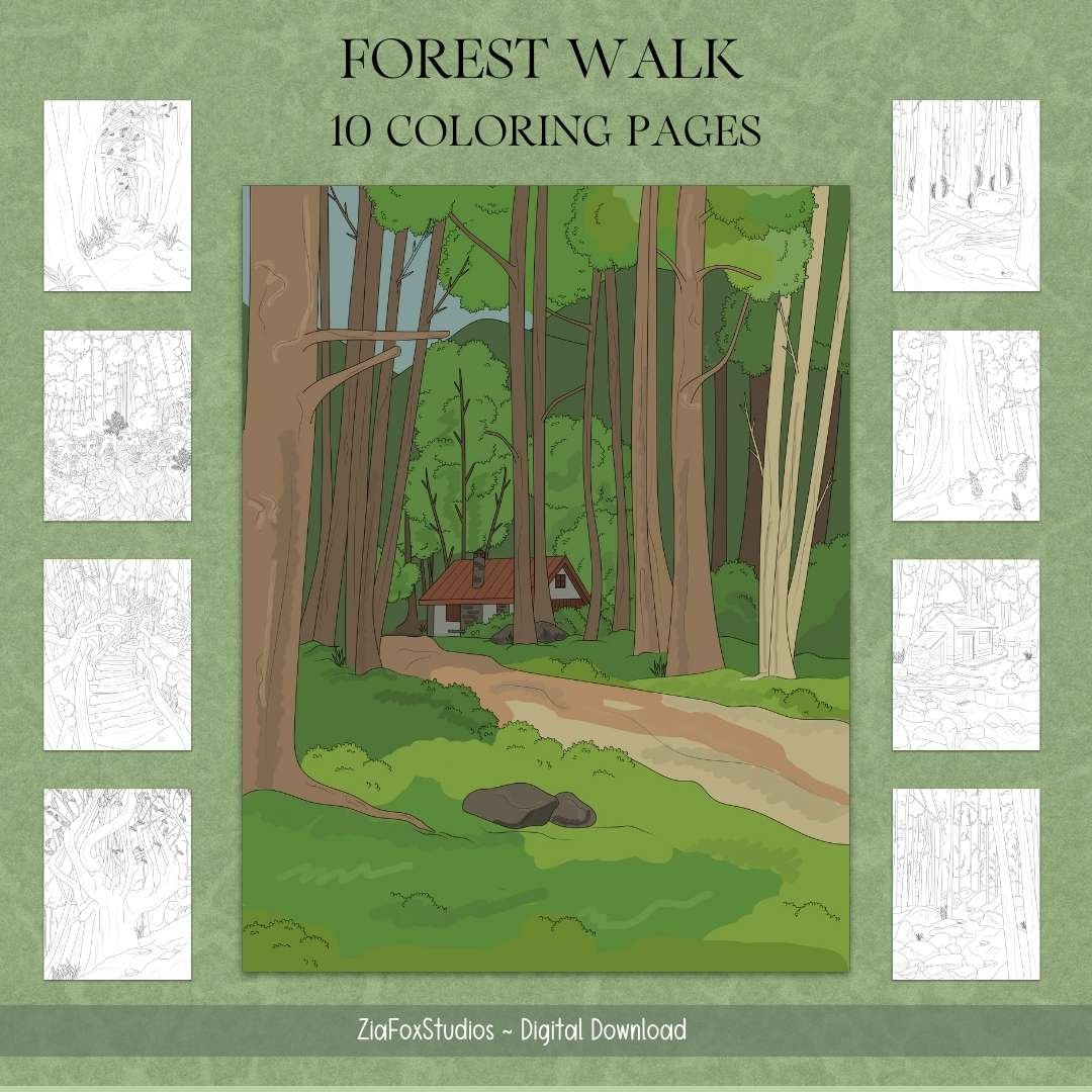 Forest Walk Coloring Pages | Digital Coloring Book | Trees and Forest ...