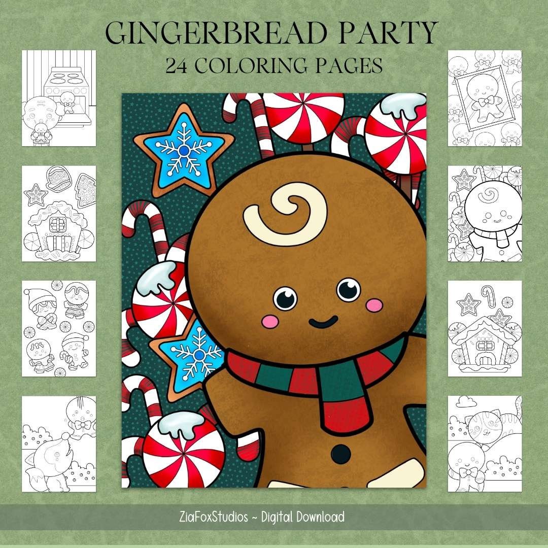 Gingerbread Party Coloring Pages | Digital Coloring Book | Christmas ...