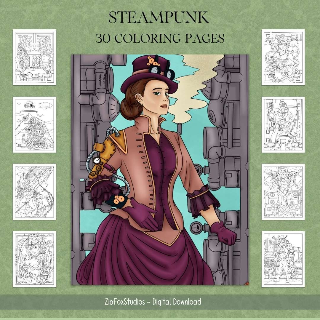 Steampunk Coloring Pages | Digital Coloring Book | Lovecraft Futuristic ...