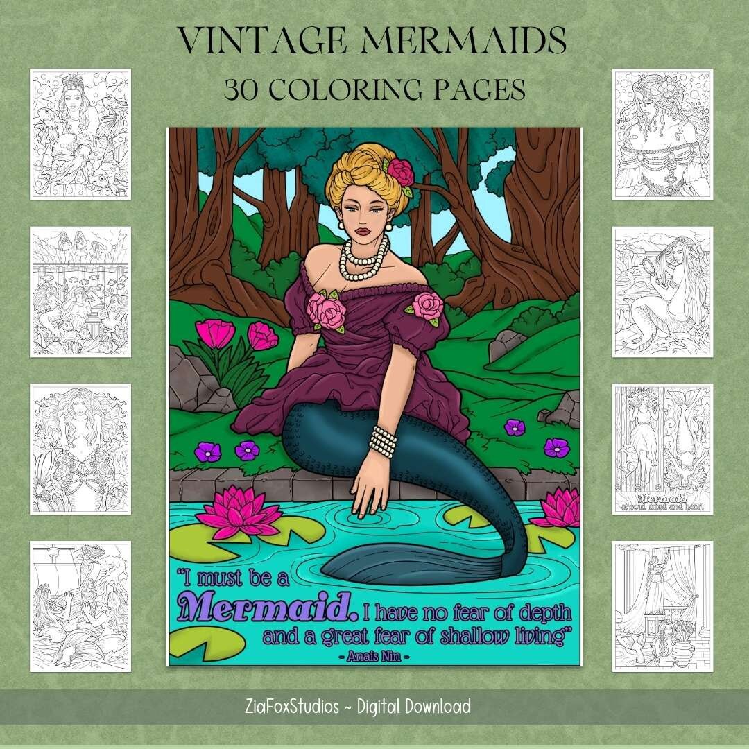 Vintage Mermaids Coloring Pages | Digital Coloring Book | Mermaids ...
