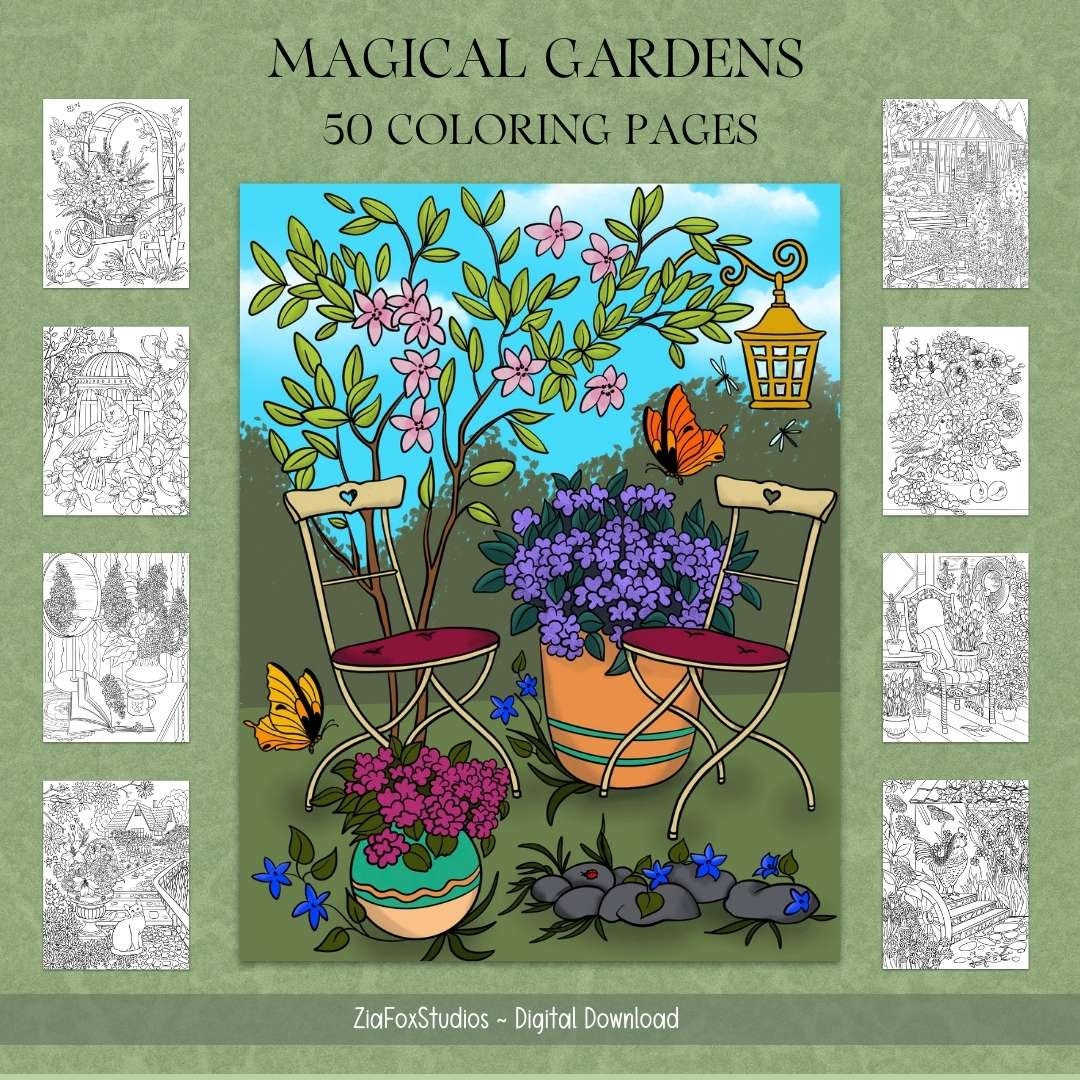 Magical Gardens Coloring Pages | Lush Flowers and Botanicals | Digital ...