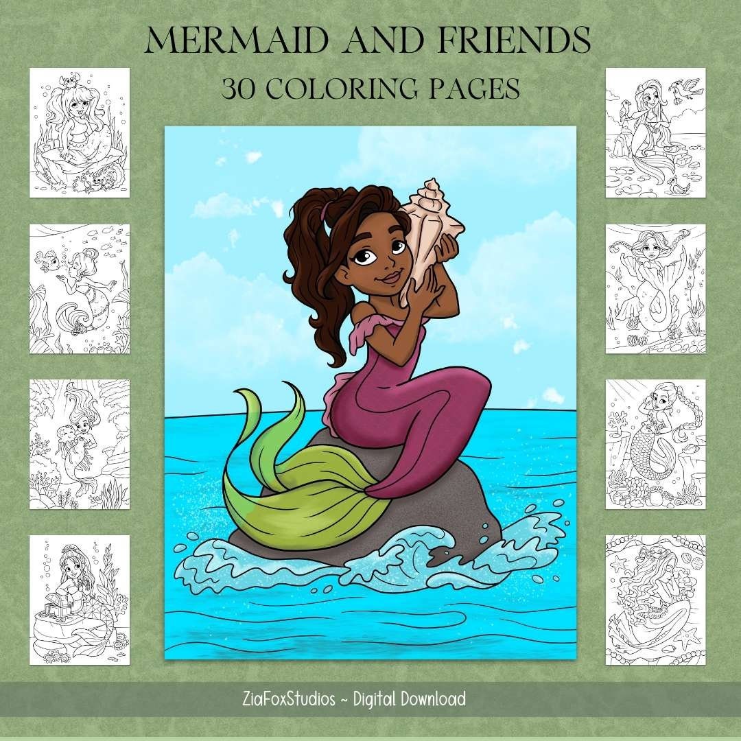 Mermaid Coloring Pages | Digital Coloring Book | Under the Sea | Ocean ...