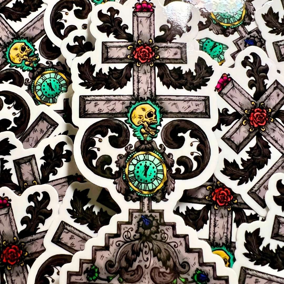 Gothic Cemetery Cross Vinyl Sticker - 4" Eco-friendly Skull & Roses ...