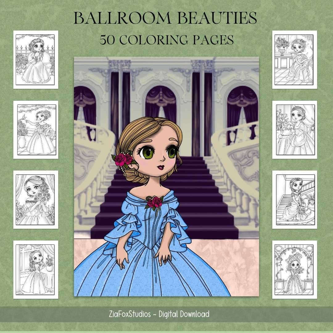 Ballroom Beauties Coloring Book | 50 Pages of Regency Era Chibi Women ...
