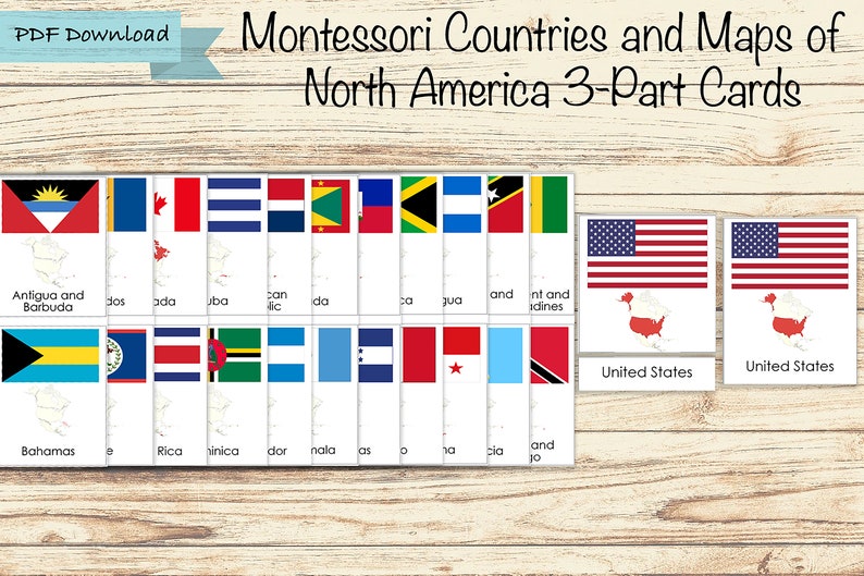Banderas y Países de América del Norte Tarjetas de 3 Partes Montessori ...