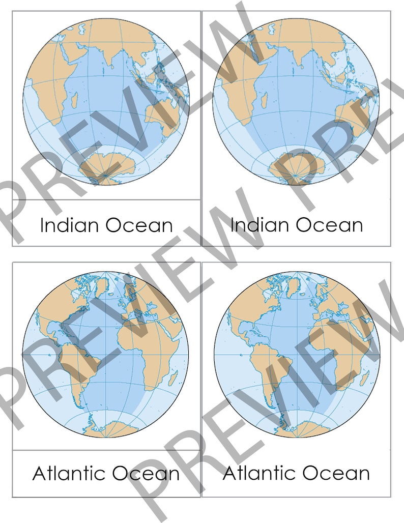 Oceans of the World - 3-part Cards Montessori Nomenclature PDF JPG ...
