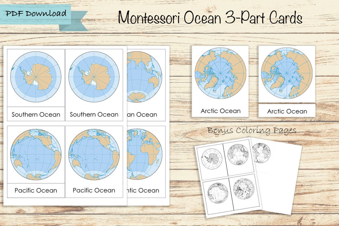 Oceans of the World - 3-part Cards Montessori Nomenclature PDF JPG ...