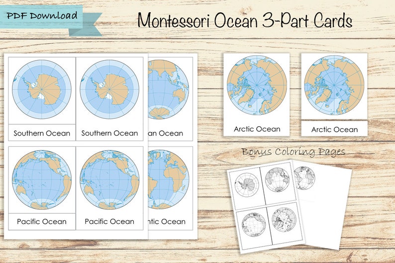 Oceans of the World - 3-part Cards Montessori Nomenclature PDF JPG ...