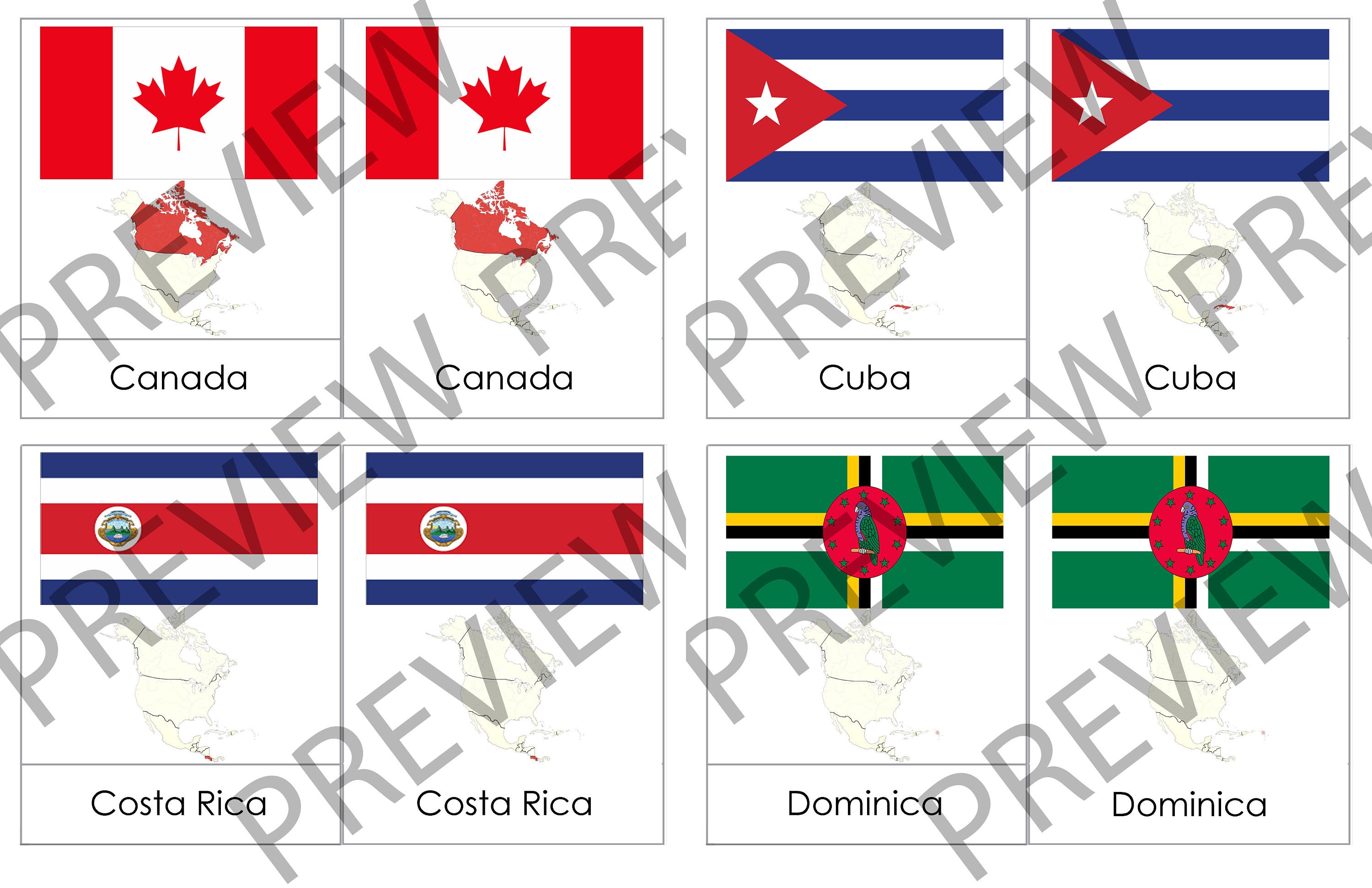 Banderas y Países de América del Norte Tarjetas de 3 Partes Montessori ...