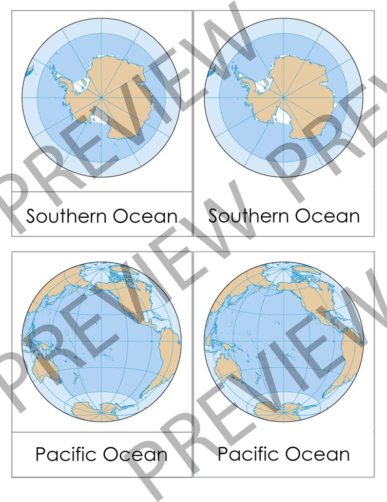 Oceans of the World - 3-part Cards Montessori Nomenclature PDF JPG ...