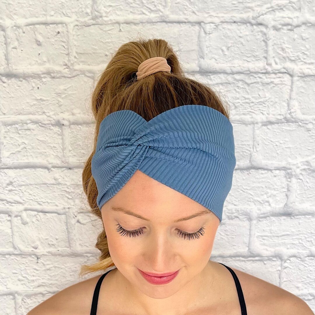 Blue Ribbed Headband, Solid Color Headband, Wide Twist Headband, Soft ...
