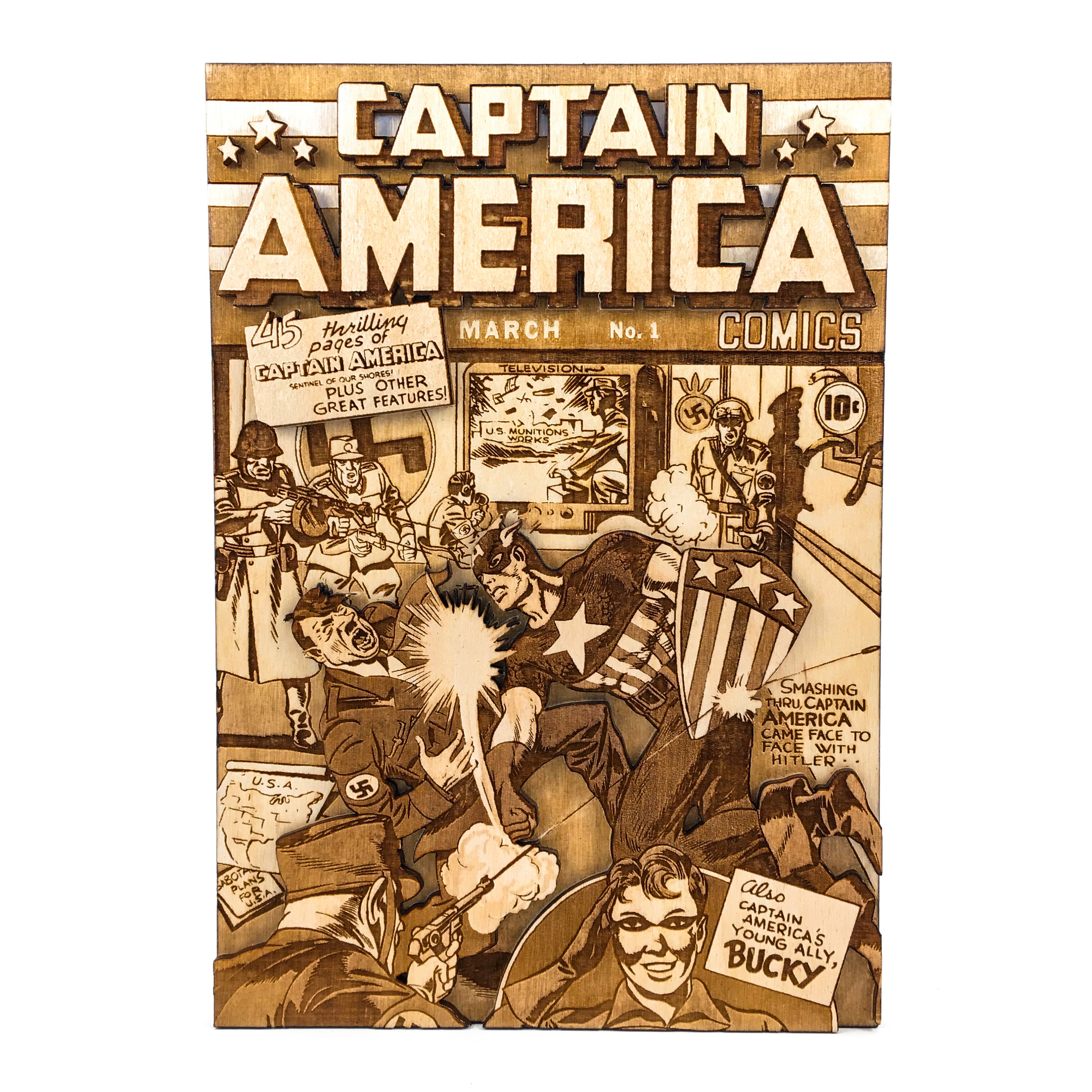 Captain America #1 Replica Comic Book Cover Art Laser Engraved on Wood ...