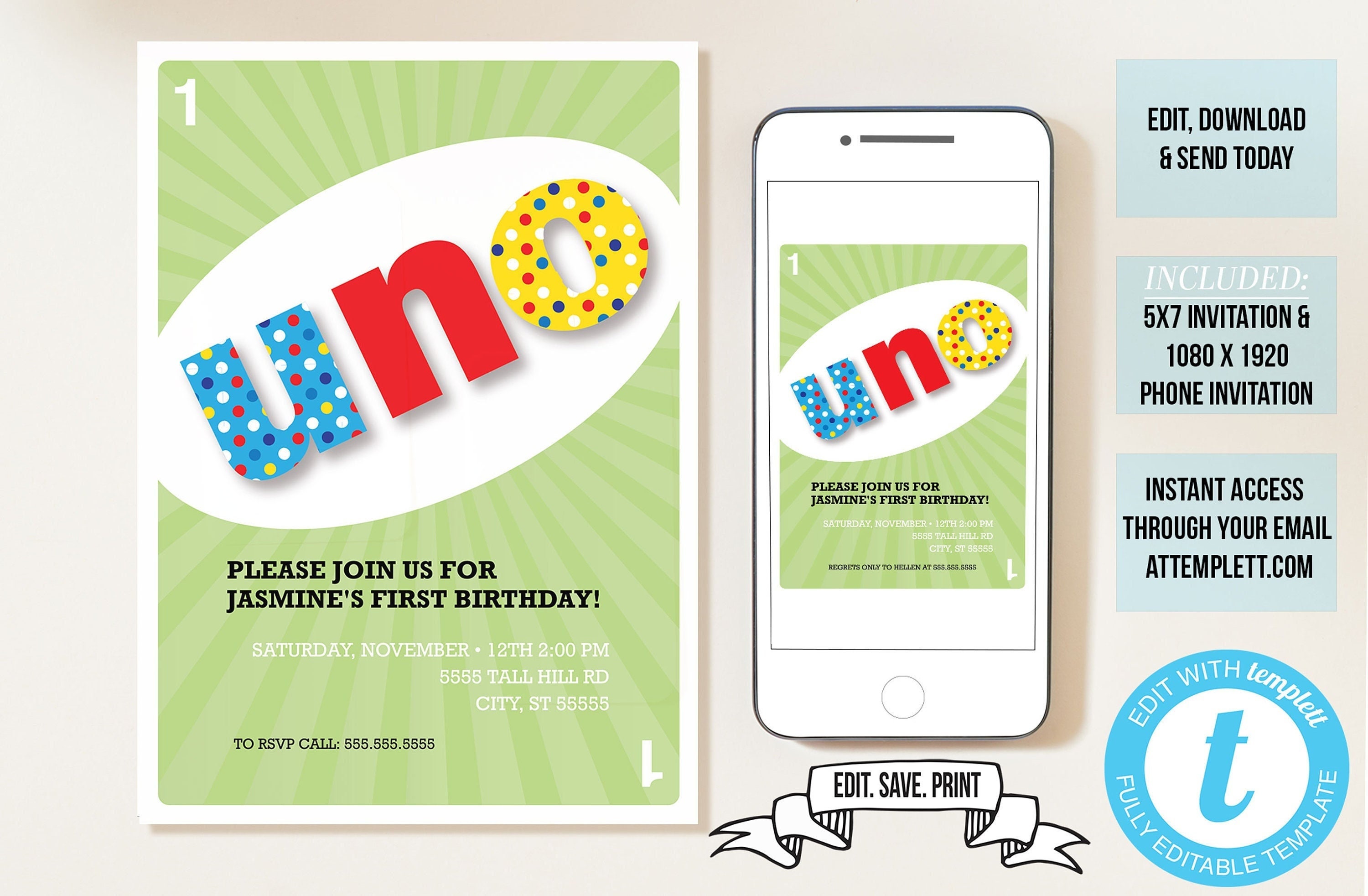 EDITABLE Uno Birthday First Birthday Invitation Templett Invitation ...