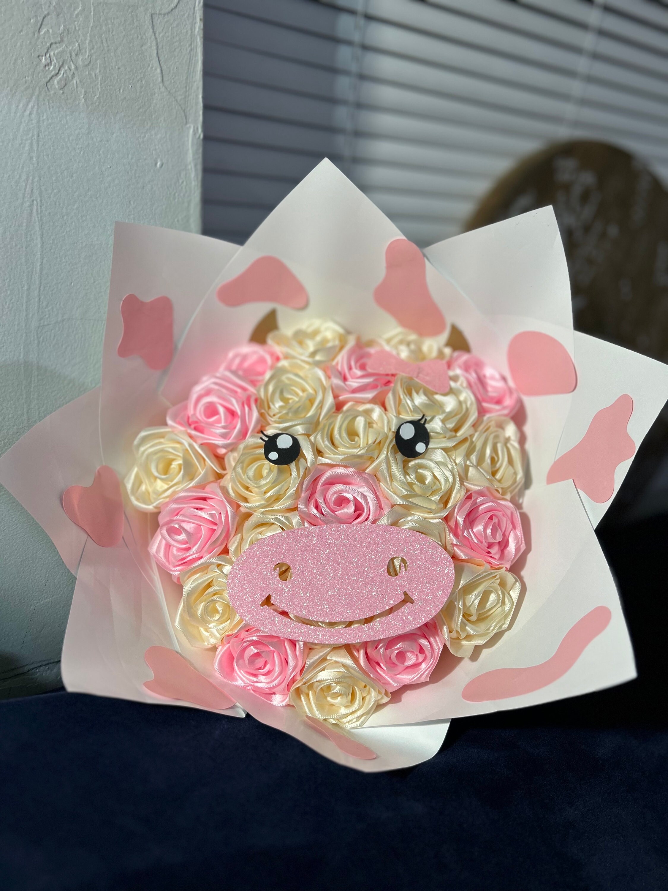 Cow Bouquet, Cow Face, Pink and Cream Roses, Eternal Roses Bouquet ...