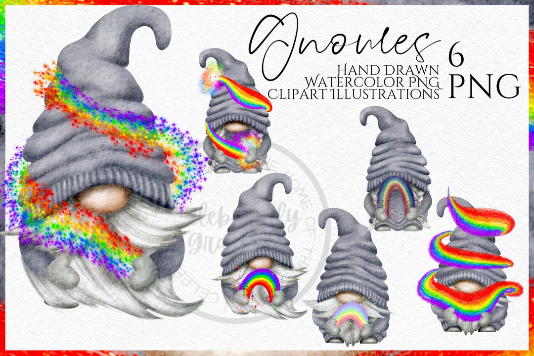 Rainbow Gnome Clipart PNG Set of 6 Gnomes Hand Drawn Watercolor Rainbow ...