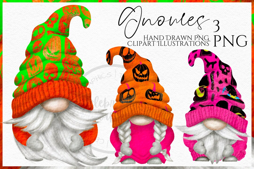 Halloween Gnome Clipart PNG Bundle Neon Gonk Hand Drawn Watercolor ...