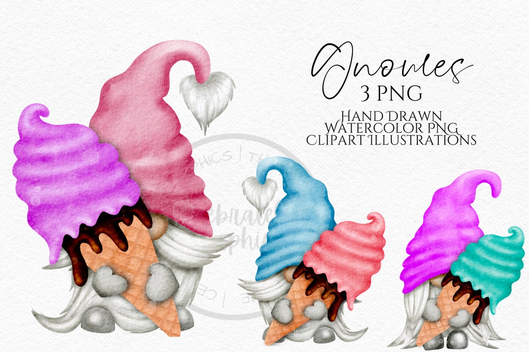 Ice Cream Gnome Clipart, Summer Gnomes Clipart, Hand Drawn Watercolor ...