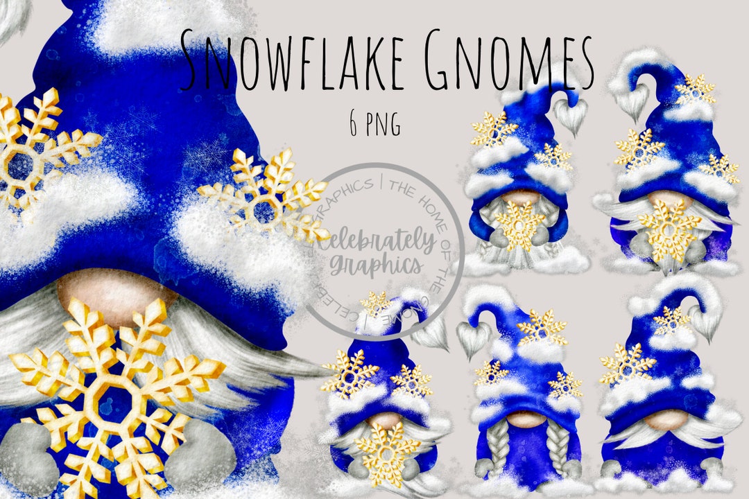 Snowflake Gnome Clipart Snow and Blue and Gold Gnome Hand Drawn ...