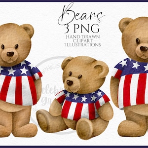 July 4th Teddy Bear Clipart PNG, Hand Drawn Watercolor American ...