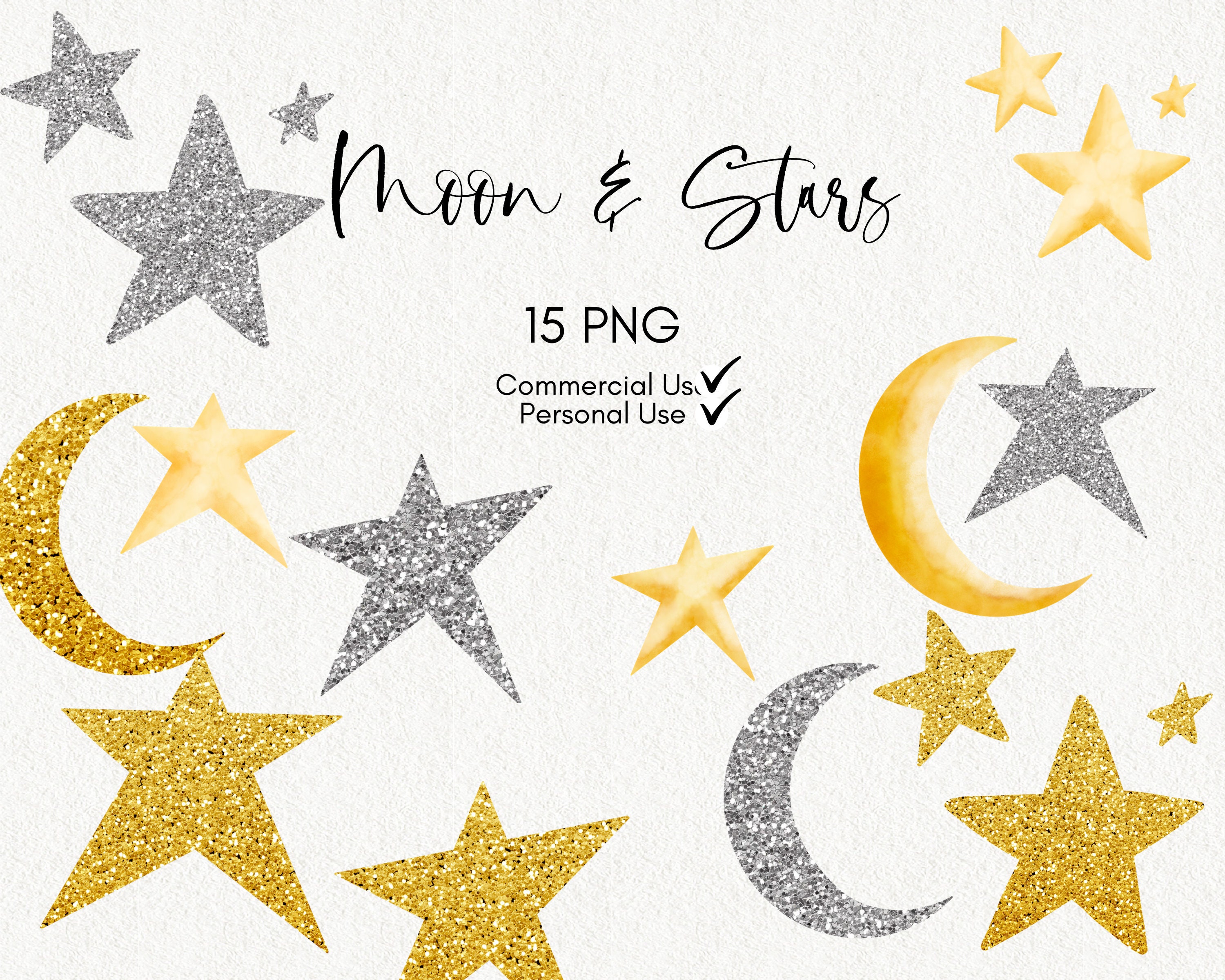 Moon and Stars Watercolor Clipart Moon and Stars Gold Glitter - Etsy