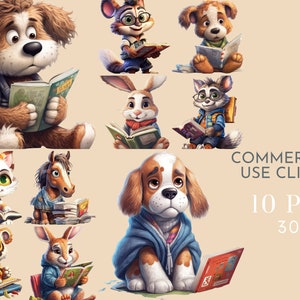 Cute Animals Reading Clipart PNG, Pack of 10, Crafts Card Making ...