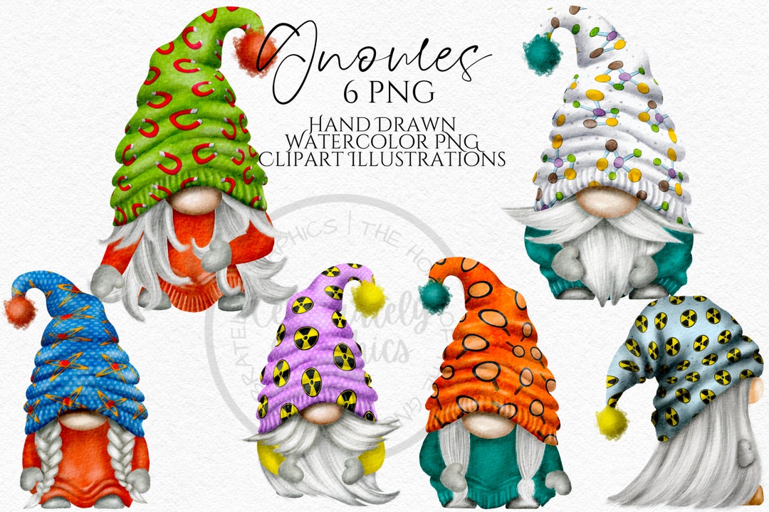 Science Gnome Clipart PNG Set of 6 Gnomes Hand Drawn Watercolor Science ...