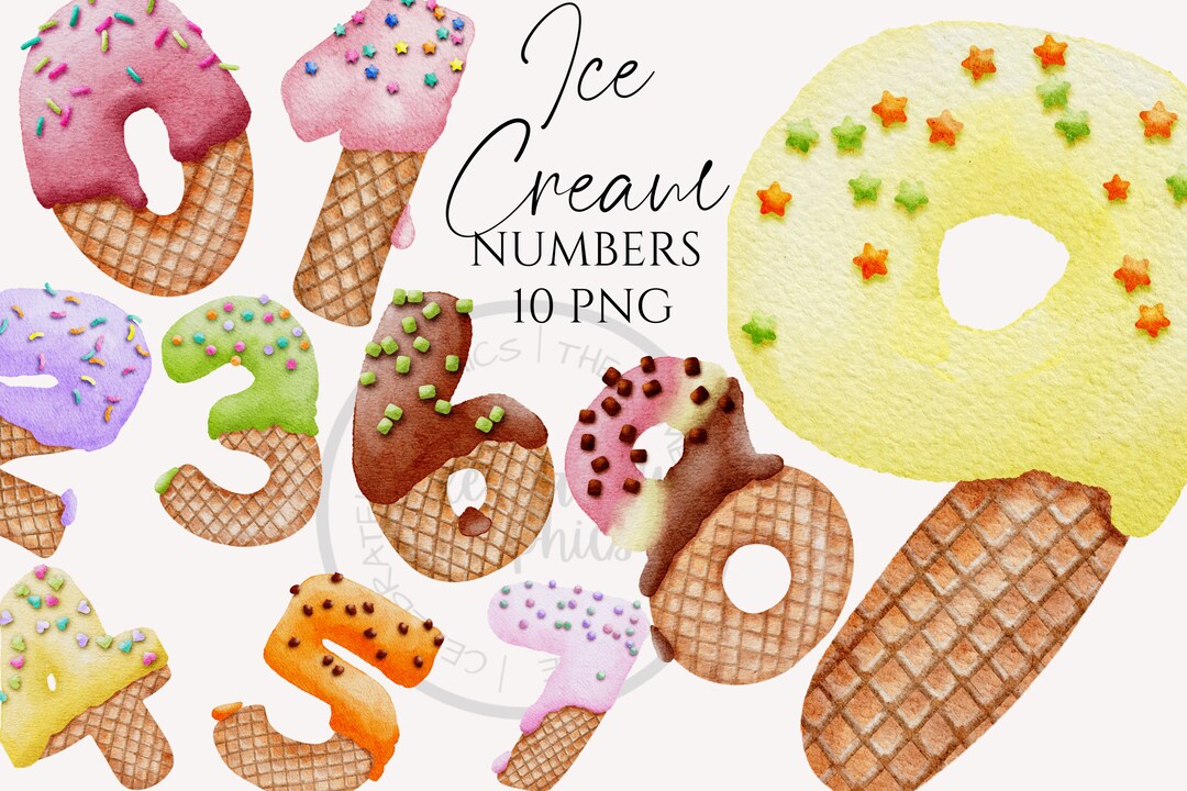 Ice Cream Number Clipart, Watercolour Numbers Instant Download Graphics ...