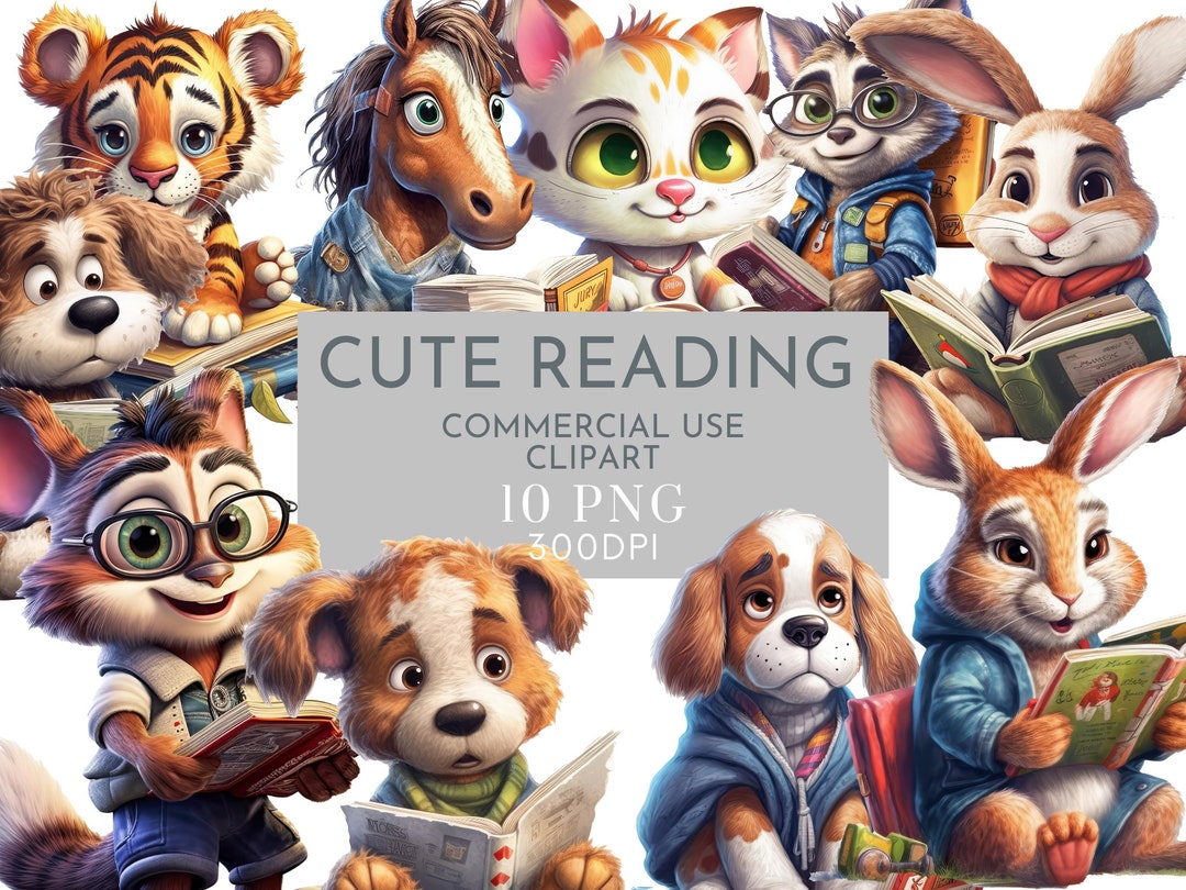 Cute Animals Reading Clipart PNG, Pack of 10, Crafts Card Making ...