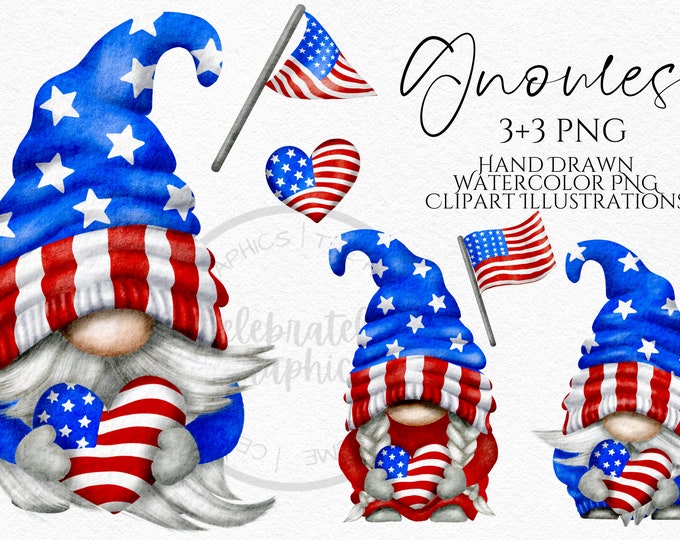 Patriotic Gnome Clipart: 4th July Watercolor Gnomes (digital Download ...