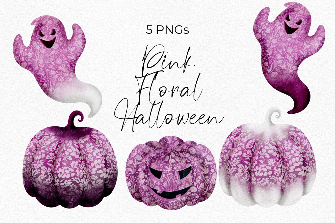 Pink Floral Pumpkins Clipart PNG Hand Drawn Ghost Halloween Carved ...
