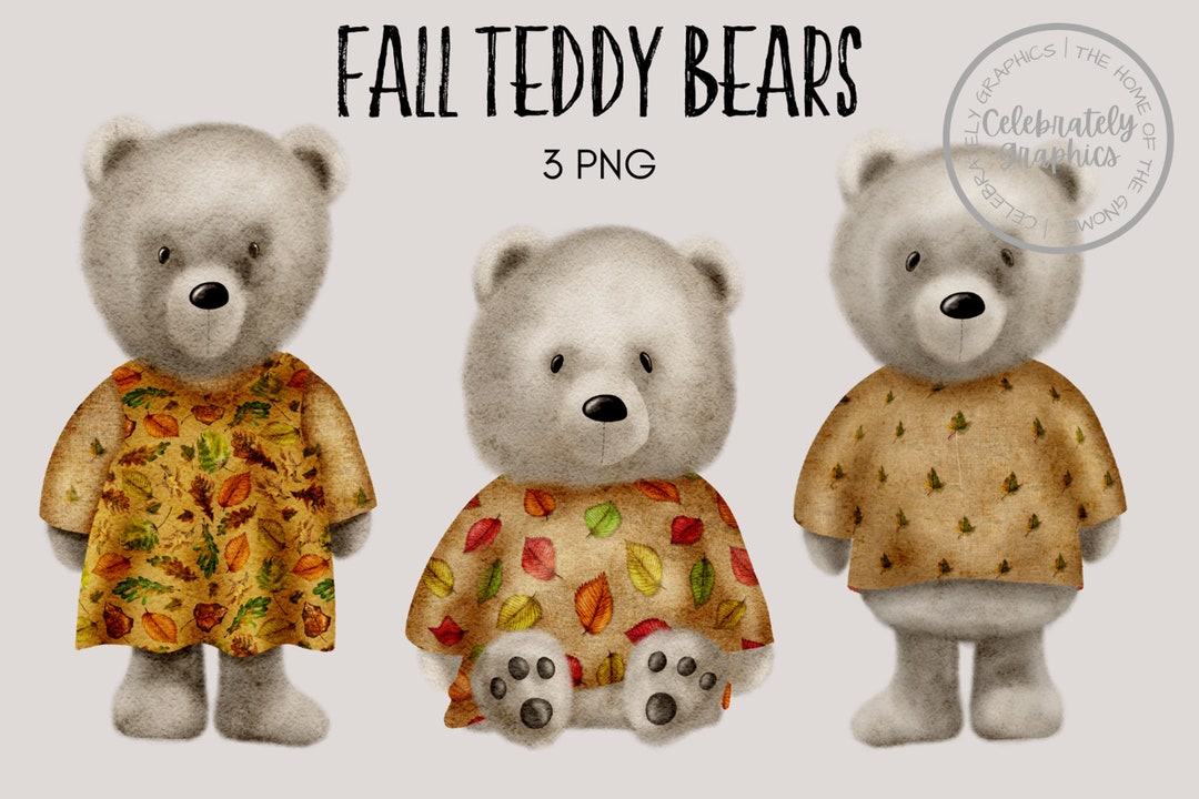 Fall Teddy Bears PNG Clipart, Cute Animal Clipart Hand Drawn Autumn ...
