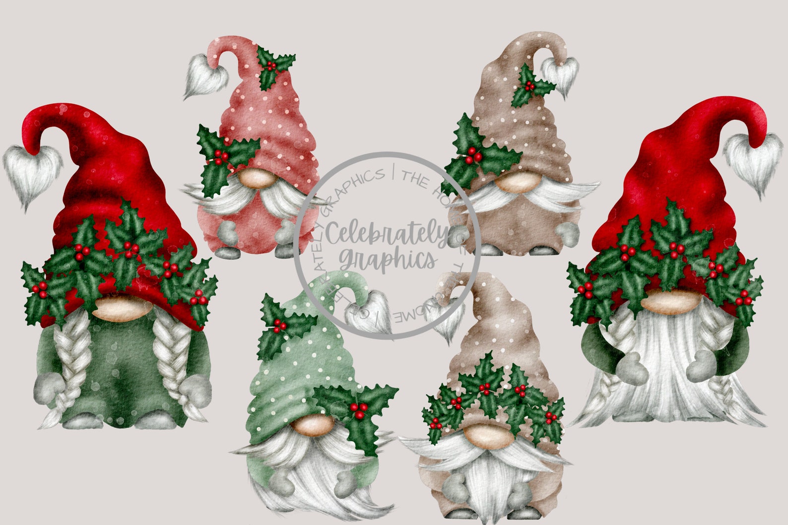 Christmas Festive Gnome Clipart Holly Gnome Hand Drawn - Etsy