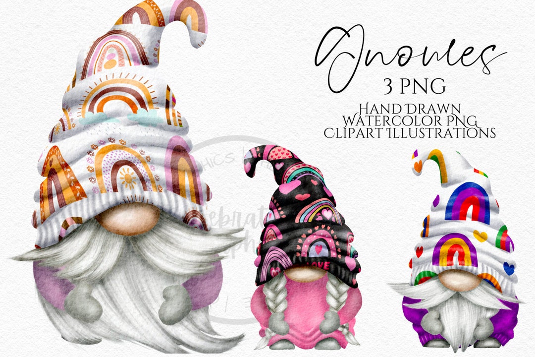 Rainbow Gnomes Clipart PNG Rainbow Gonks Hand Drawn Watercolor Instant ...