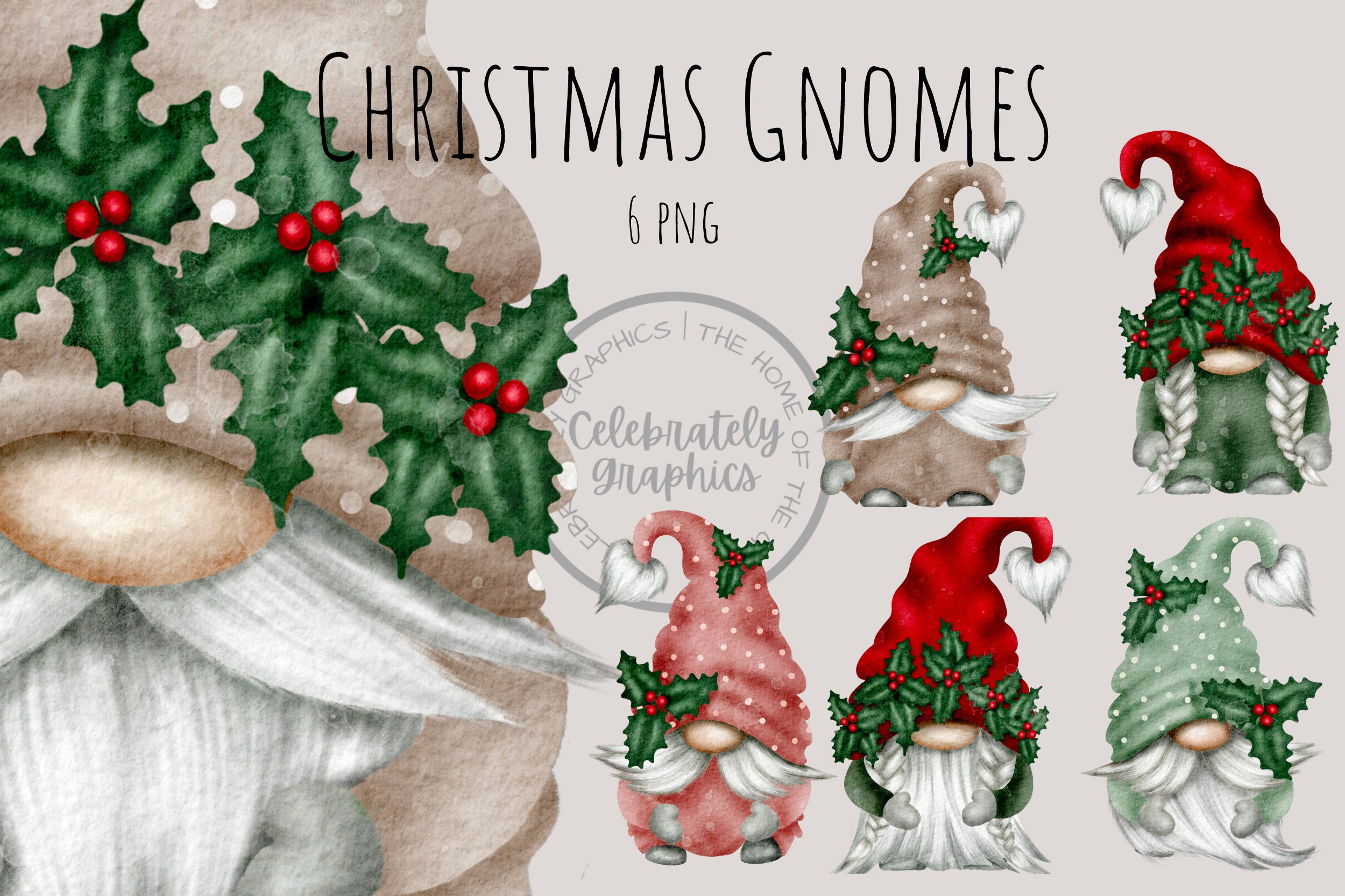 Christmas Festive Gnome Clipart Holly Gnome Hand Drawn - Etsy