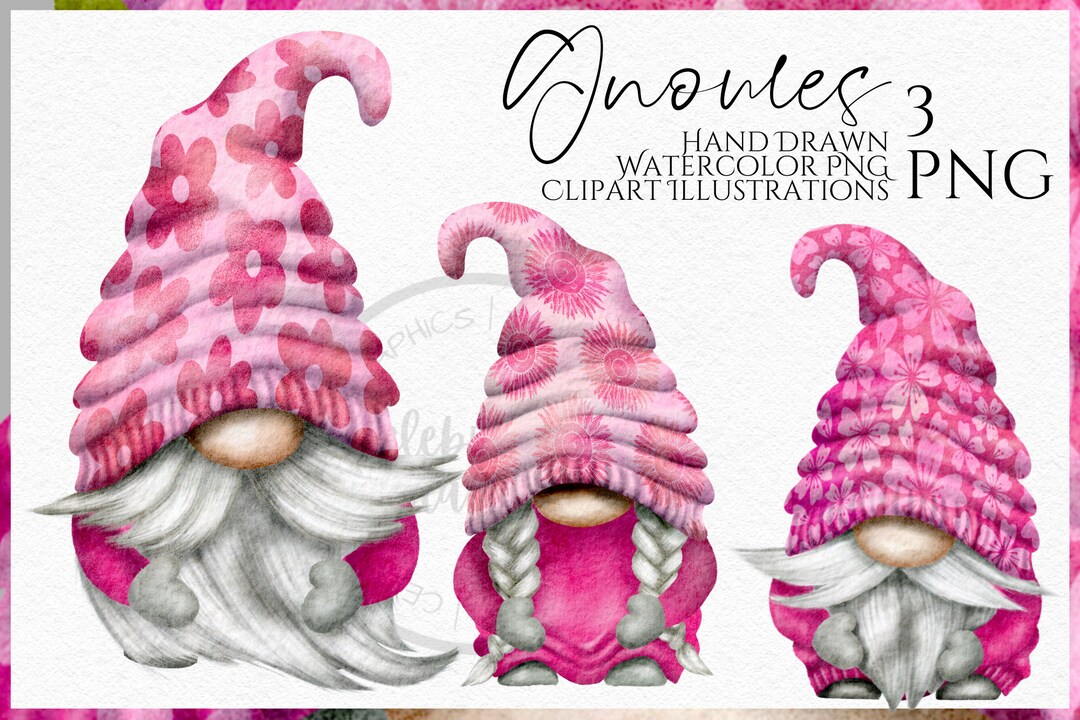 Pink Watercolor Gnome Clipart Bundle: Valentine's Day PNG (digital ...