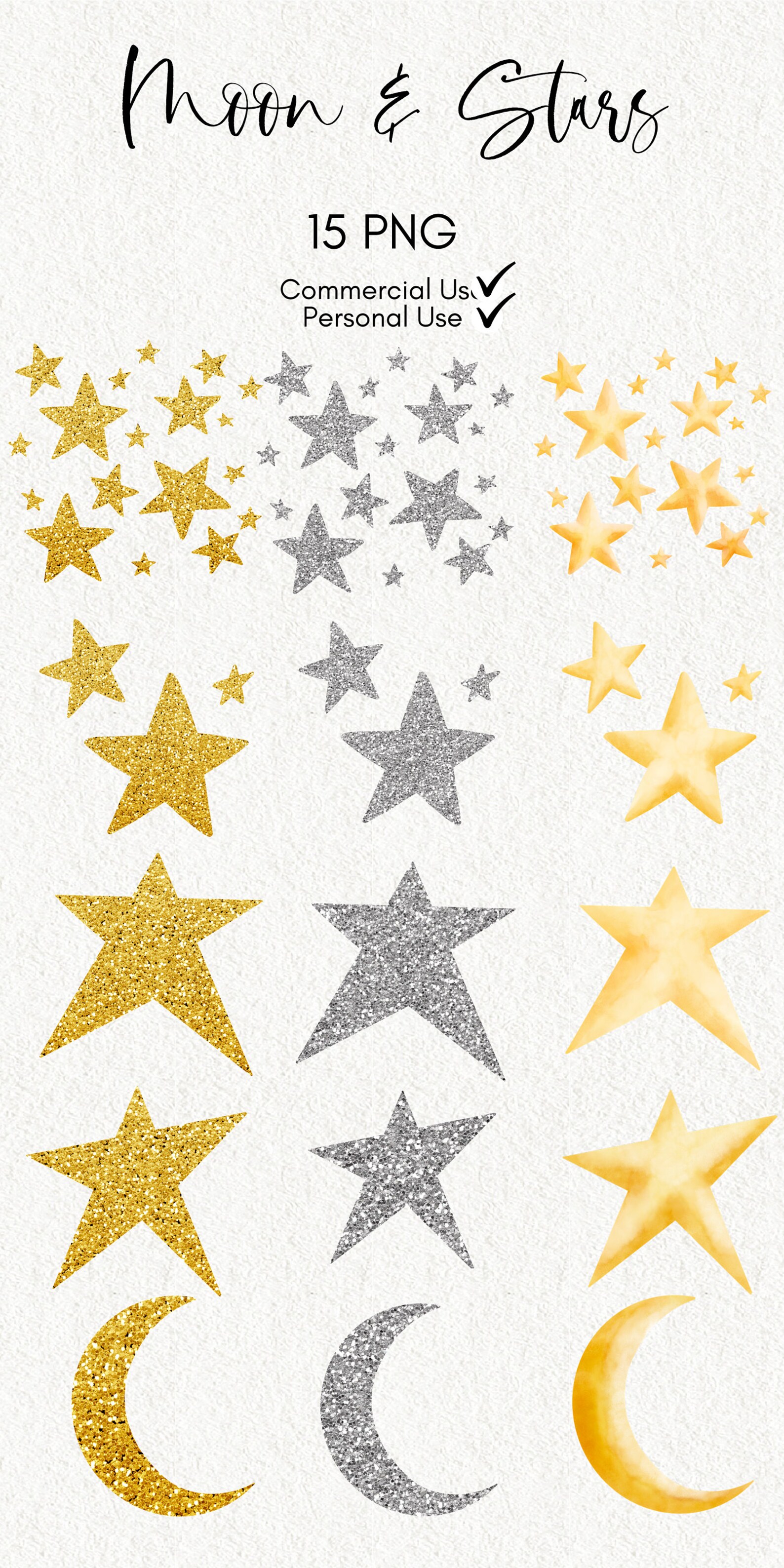 Moon and Stars Watercolor Clipart Moon and Stars Gold Glitter - Etsy