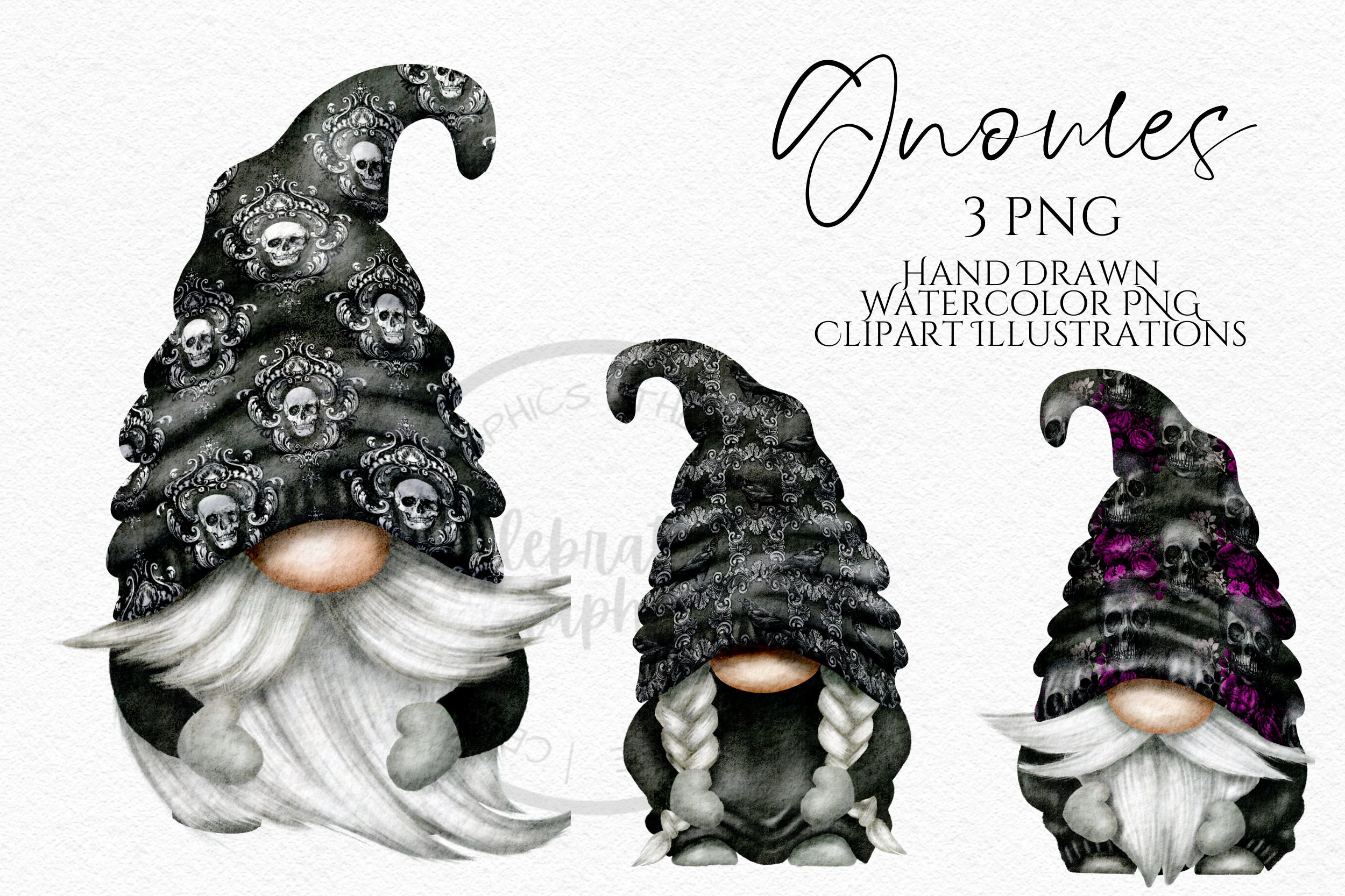 Gothic Gnomes Clipart PNG: Hand-drawn Watercolor Illustration (instant ...