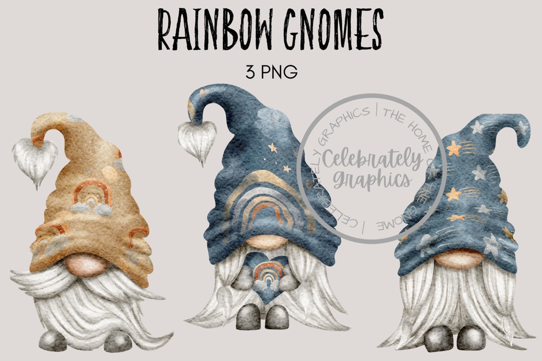 Rainbow Gnome Clipart, Hand Drawn Watercolor Gnome Clipart, Digital ...
