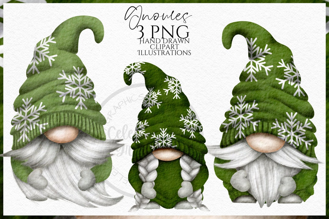 Christmas Gnome Clipart PNG Set, Green Winter Gnome Illustrations, Hand ...