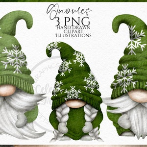Christmas Gnome Clipart PNG Set, Green Winter Gnome Illustrations, Hand ...