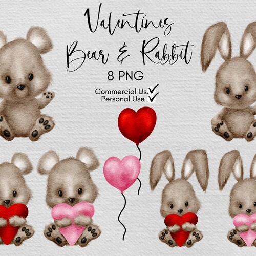 Valentine Clipart Teddy Bears Rabbits Hearts PNG Clipart - Etsy